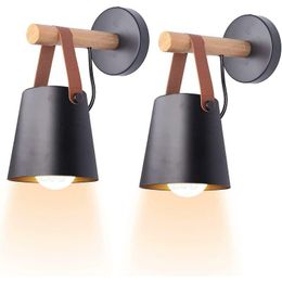 Set mit 2 minimalistischen Vintage-Innenwandlampen, moderne E27-Wandlampe mit Metallschirm und Holzständer für Schlafzimmer, Arbeitszimmer und Flur
