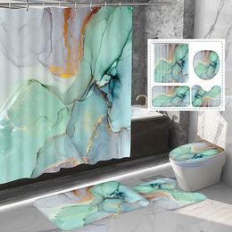 Set mit 4 grünen Marmor-Duschvorhängen mit Badematte, WC-Vorleger, Bezug, Badezimmermatte, Duschvorhang-Sets mit 12 Haken, 182,9 x 182,9 cm – a