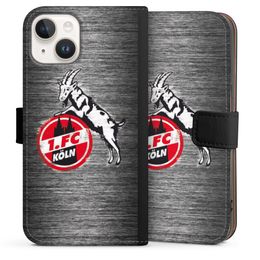DeinDesign iPhone 14 Handy Klapph&uuml;lle Handyh&uuml;lle aus Kunst Leder schwarz Flip Case Official Licensed Product Metallic Look 1. Fc K&ouml;ln Sideflip mit Lasche