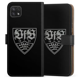 DeinDesign Galaxy A22 5G Handy Klapph&uuml;lle Handyh&uuml;lle aus Kunst Leder schwarz Flip Case Official Licensed Product Vfb Stuttgart Logo Sideflip mit langer Lasche