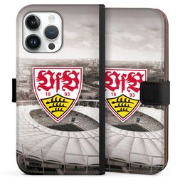 DeinDesign iPhone 14 Pro Max Handy Klapph&uuml;lle Handyh&uuml;lle aus Kunst Leder schwarz Flip Case Official Licensed Product Vfb Stuttgart Stadium Sideflip mit Lasche