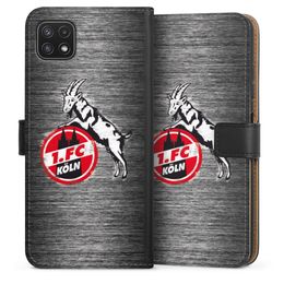 DeinDesign Galaxy A22 5G Handy Klapph&uuml;lle Handyh&uuml;lle aus Kunst Leder schwarz Flip Case Metallic Look Official Licensed Product 1. Fc K&ouml;ln Sideflip mit langer 