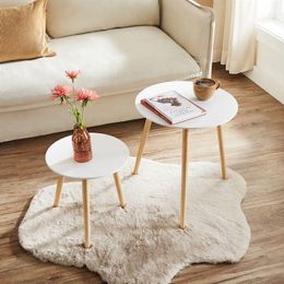 Songmics - vasagle Beistelltische Couchtische 2er Set aus Holz runder Seitentisch Wohnzimmertisch skandinavische Natur weiß von