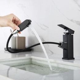 Auralum Waschtischmischer Ausziehbare Armatur mit Handbrause Schwarz Heiß- und Kaltwasserhahn für Badezimmer