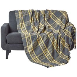 Homescapes - Throw - Cotton Check - Grey & Yellow - 225 x 255cm (89 x 100) (SF1353B) - Grau & Gelb