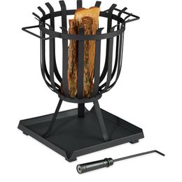 Xl Feuerkorb mit Bodenplatte & Schürhaken, hbt: 46 x 41,5 x 36 cm, Feuerschale Stahl, Brennkorb rund, schwarz - Relaxdays