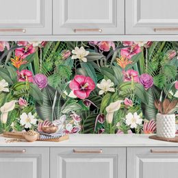 Küchenrückwand Bunte tropische Blumen Collage