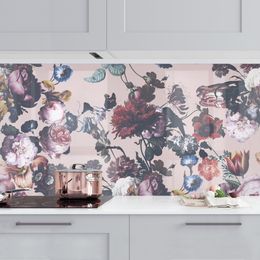 Küchenrückwand Altmeisterliche Blüten mit Tulpen und Rosen auf Rosa