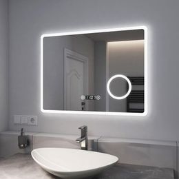 Emke - Badspiegel mit 3-fache Vergrößerung, led Badspiegel mit Beleuchtung, 90x70cm, Kaltweißes Licht Dimmbar, Touch, Beschlagfrei, Uhr