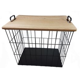 Spetebo - Beistelltisch eckig - Metall Korb + Holz Deckel - Deko Couch Tisch Sofatisch