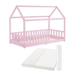 Juskys Kinderbett Marli 90 x 200 cm mit Matratze, Gitter, Lattenrost & Dach - Bett Rosa