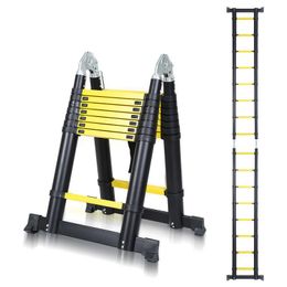 Teleskopleiter Ausziehleiter bis 150kg Stabil Aluminium Stehleiter schwarz+gelb 2.5+2.5m - HENGDA