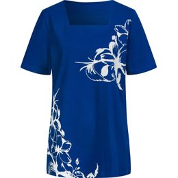 Damen Longshirt mit Karree-Ausschnitt, floral royalblau-wei&szlig;, Gr&ouml;&szlig;e 44