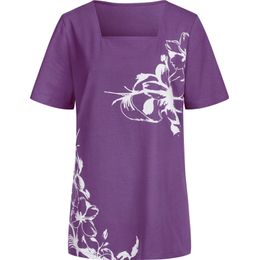 Damen Longshirt mit Karree-Ausschnitt, floral lila-wei&szlig;, Gr&ouml;&szlig;e 54