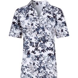 Damen Poloshirt im Bl&uuml;ten-Dessin wei&szlig;-marine-bedruckt, Gr&ouml;&szlig;e 40