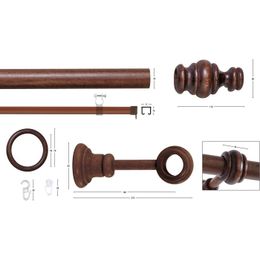 Gardinenstange BAROCK, Garesa, Ø 35 mm, 2-läufig, Wunschmaßlänge, rustikale Vorhanggarnitur Holz, verlängerbar, mit Ringe/2 Lauf Gleiter, braun