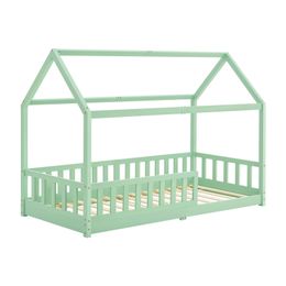 Juskys Kinderbett Marli 90 x 200 cm mit Rausfallschutz, Lattenrost & Dach - Holz Hausbett Mint