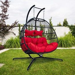 PureHaven Hängesessel für 2 Personen 130x120x200 cm Rattan-Kunststoffgeflecht mit Kissen wasserfest