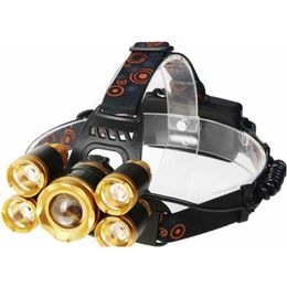 Wiederaufladbare Stirnlampe, superhell, 5 x T6 LED-Stirnlampe, LED-Lampe, Perlen, wasserdicht, LED-Stirnlampe, zoombar, Angellampe, Campinglampe,