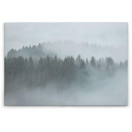 Leinwandbild Bäume 60 x 90 cm - Wandbild Wald Grau Weiß Nebel Natur - Keilrahmen Wohnzimmerdeko Wanddeko Wandgemälde - Grau, Weiß