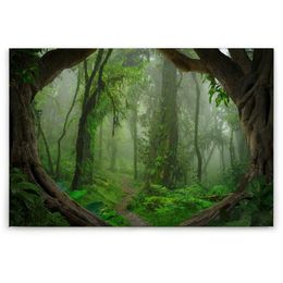 Leinwandbild Urwald 60 x 90 cm - Wandbild Dschungel Grün Braun - Keilrahmen Wald Wohnzimmerdeko Wanddeko Wandgemälde - Grün, Braun