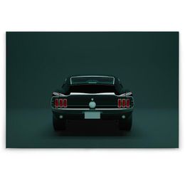 Leinwandbild Auto 60 x 90 cm - Wandbild Grün Schwarz - Keilrahmenbild Mustang Wohnzimmerdeko Wanddeko Wandgemälde - Grün, Schwarz