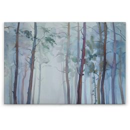 Leinwandbild Bäume 60 x 90 cm - Wandbild Wald Blau Grün Natur - Keilrahmen Wohnzimmerdeko Wanddeko Wandgemälde - Blau, Grün