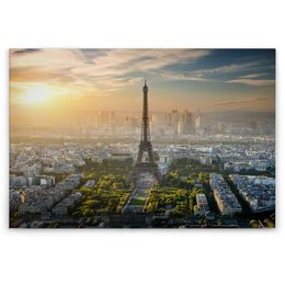 Leinwandbild Paris 60 x 90 cm - Wandbild Wahrzeichen Grau Grün - Keilrahmen Eiffelturm Wohnzimmerdeko Wanddeko Wandgemälde - Grau, Grün