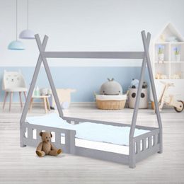 Kinderbett Tipi, 70x140 cm, Hellgrau, mit Rausfallschutz und Lattenrost - ML-Design