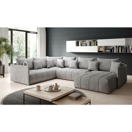 U-Form Sofa asvil bis Polstercouch mit Bettkasten und Kissen MH84 Hellgrau - Furnix