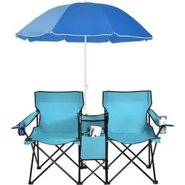 Doppelsitzer Campingstuhl, aus Oxford-Stoff & Stahl, mit Sonnenschirm & Tragetasche, Klappstuhl für Paare, mit Getränkehalter & Eisbeutel, Tragbarer