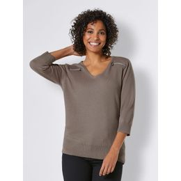 Wollpullover CREATION L PREMIUM "Kaschmir-Merino-Pullover" Gr. 36, grau (taupe) Damen Pullover