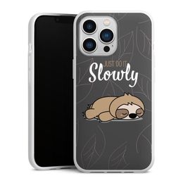 DeinDesign iPhone 13 Pro Handy Silikon H&uuml;lle Case wei&szlig; Handyh&uuml;lle Sloth Lazy Sunday Sayings Silikon Case