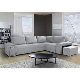 Sofa mit Schlaffunktion Kardo - Ecksofa mit Zwei Bettkasten, Samtstoff, Puff, Schublade - Eckcouch L-Form Rechts - Hellgrau - Hellgrau - Graingold