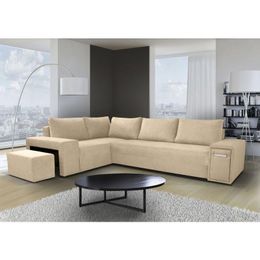 Sofa mit Schlaffunktion Kardo - Ecksofa mit Zwei Bettkasten, Samtstoff, Puff, Schublade - Eckcouch L-Form Links - Beige - Beige - Graingold