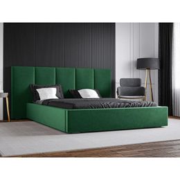 Polsterbett 180x200 Lisbon - Doppelbett mit stilvoll massives Kopfteil - Bettkasten, Samtstoff & Lattenrost - Grün - Grün - Graingold
