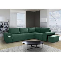 Sofa mit Schlaffunktion Kardo - Ecksofa mit Zwei Bettkasten, Samtstoff, Puff, Schublade - Eckcouch L-Form Rechts - Grün - Grün - Graingold