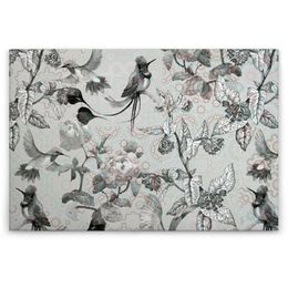 Leinwandbild Blumen 60 x 90 cm - Wandbild Vögel Grau Weiß - Keilrahmen Floral Wohnzimmerdeko Wanddeko Wandgemälde - Grau, Weiß