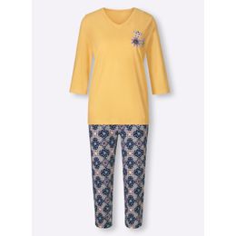 w&auml;schepur w&auml;schepur Damen Schlafanzug mit allover bedruckter 3/4-Hose, gelb-marine-bedruckt, Gr&ouml;&szlig;e 36/38