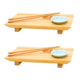 DuneDesign 2x Japanisches Sushi Brett - 27x16x4 Bambus Platten Set - Teller mit Schälchen