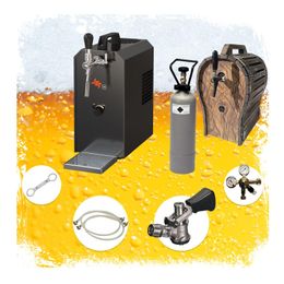 ich-zapfe Komplett Set - Zapfanlage JET 30 Bierkoffer, Bierzapfanlage, Durchlaufkühler 1-leitig Trockenkühler, bis zu 35 Liter/h mit Holzfass, Zapfkopf:KeyKeg