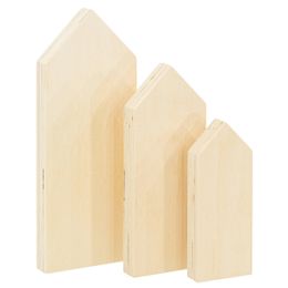 buttinette Häuser aus Holz, 25 x 10 cm, 20 x 8 cm und 15 x 6 cm, 3 Stück