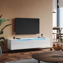 Tv Board mit led Beleuchtung Hängend Weiß Hochglanz 140 cm Modern 2 Klappen - Sonni