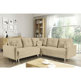 Ecksofa l Berg - Groß und modern Eckcouch - Schlaffunktion & Bettkasten - Ecksofa 260 cm mit Samtstoff - Beige - Beige - Graingold