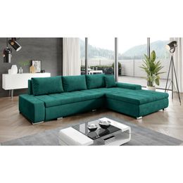 Ecksofa mit Bettkasten Kastalo - Ecksofa l mit Schlaffunktion - Samtstoff, Kissen, Couch - Grün - Grün