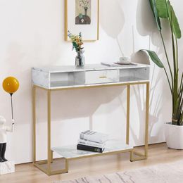 M Mcombo Konsolentisch Schmal mit Schubladen, Modern Beistelltisch Marmor Gold Metallgestell, Eingangstisch für Flur Wohnzimmer Schlafzimmer,