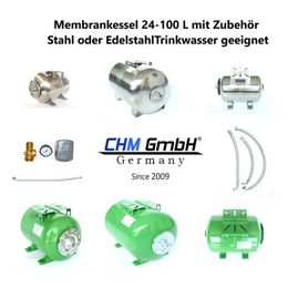 GmbH® Druckkessel 80 l Edelstahl Membrankessel mit Druckschalterset 5 teilig und Panzerschlauch - CHM