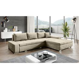 Ecksofa mit Bettkasten Kastalo - Ecksofa l mit Schlaffunktion - Samtstoff, Kissen, Couch - Beige - Beige