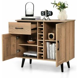 Sideboard Küche, Buffetschrank mit 6 Flaschen Weinregal, Aufbewahrungsschrank mit Schublade, Küchenschrank Natur für Wohnzimmer & Esszimmer, 90 x 40