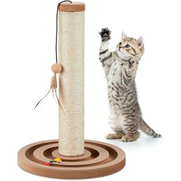 Kratzsäule für Katzen, HxD 45 x 30 cm, Kratzstamm interaktiv, Sisalstamm & Spielzeug, Kratzbaum Wohnung, braun - Relaxdays